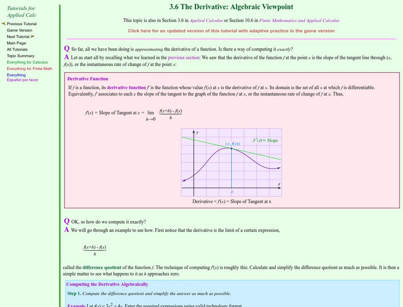 Finite Mathematics And Applied Calculus The Derivative Algebraic