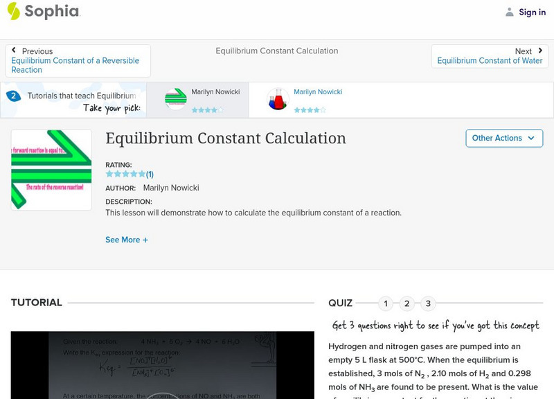 Sophia: Equilibrium Constant Calculation: Lesson 1 Instructional Video ... Sophia: Equilibrium Constant Calculation: Lesson 1 Instructional Video ...