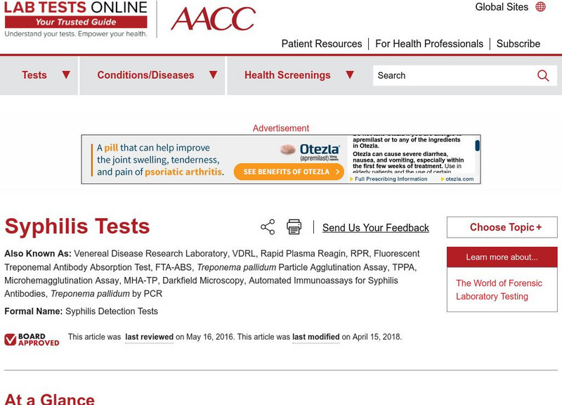 Lab Tests Online: Syphilis Handout for 10th - 12th Grade | Lesson Planet Lab Tests Online: Syphilis Handout for 10th - 12th Grade | Lesson Planet