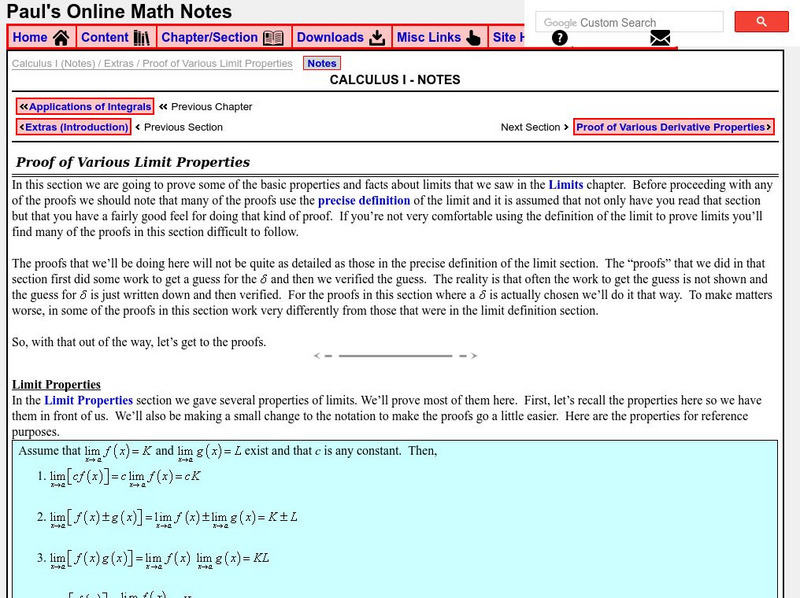 Paul's Online Notes: Calculus I: Proof of Various Limit Properties Unit ... Paul's Online Notes: Calculus I: Proof of Various Limit Properties Unit ...