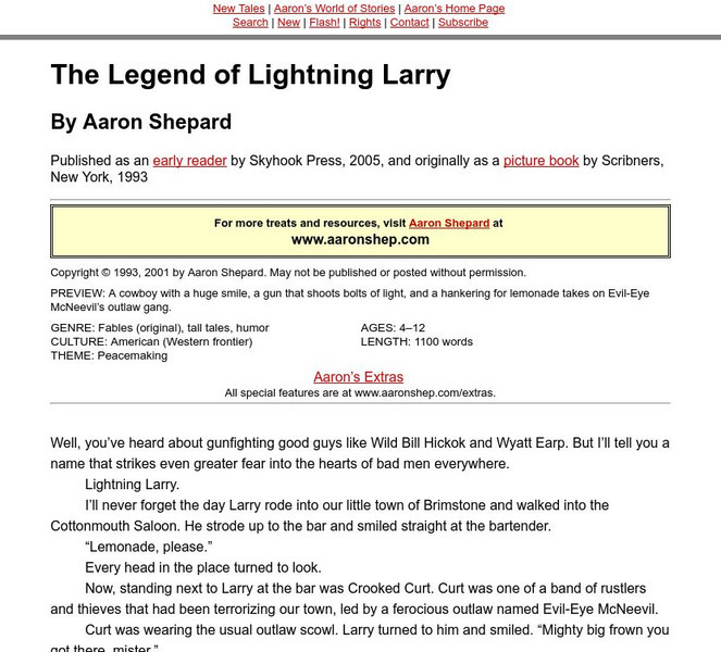 Aaron Shepherd The Legend Of Lightning Larry Ebook For 2nd 8th Grade Lesson Planet