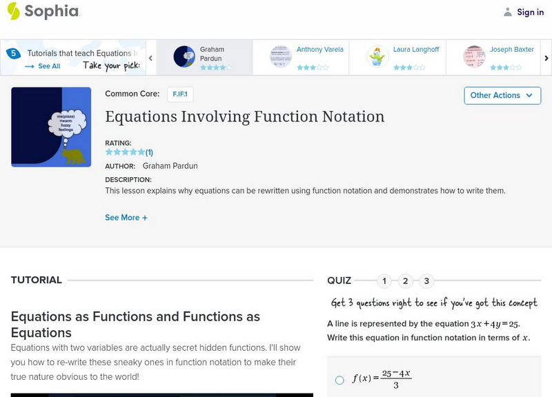 Sophia Equations Involving Function Notation Instructional Video For