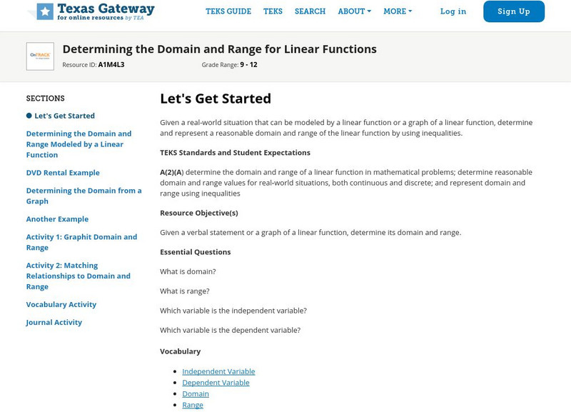 Texas Gateway: Determining the Domain and Range for Linear Functions ... Texas Gateway: Determining the Domain and Range for Linear Functions ...