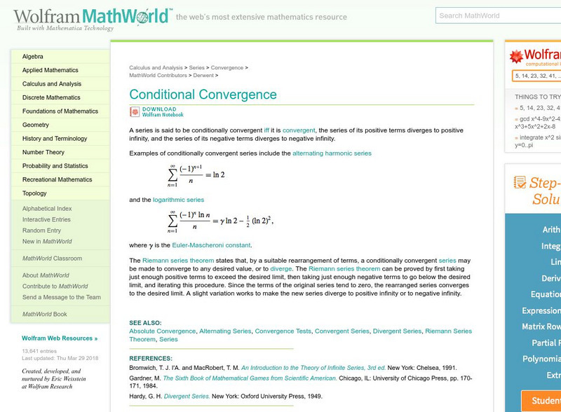 Wolfram Math World Conditional Convergence Handout For 9th 10th