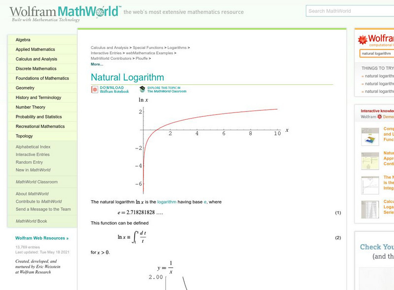 Wolfram Math World Natural Logarithm Handout For 9th 10th Grade Lesson Planet