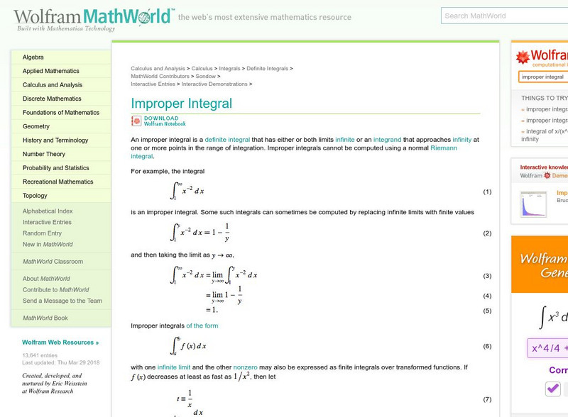 Wolfram Math World: Improper Integrals Handout for 9th - 10th Grade ... Wolfram Math World: Improper Integrals Handout for 9th - 10th Grade ...