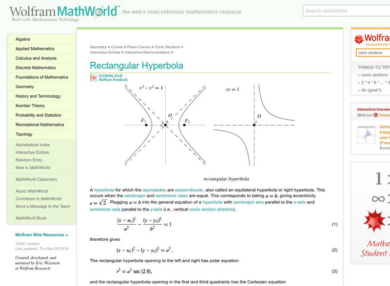 Wolfram Math World Rectangular Hyperbola Handout For 9th 10th Grade