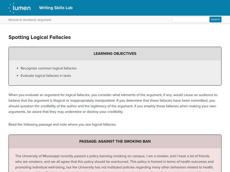 Lumen Writing Skills Spotting Logical Fallacies Lesson Plan For 9th