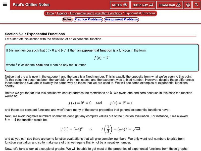 Pauls Online Notes Algebra Exponential Functions Handout For 9th