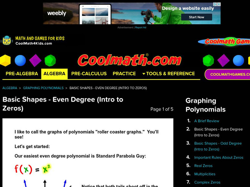 Coolmath Graphing Polynomials Basic Shapes Even Degree Intro To Zeros