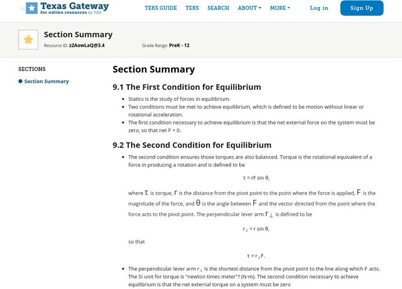 Texas Gateway: Ap Physics: Statics and Torque: Summary Unit Plan for ... Texas Gateway: Ap Physics: Statics and Torque: Summary Unit Plan for ...