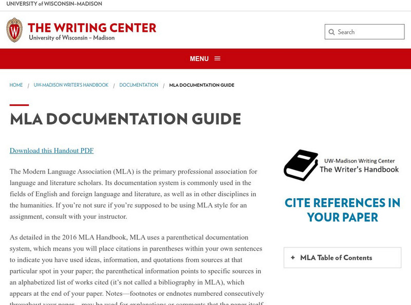 University Of Wisconsin Writing Center Mla Documentation Handout For