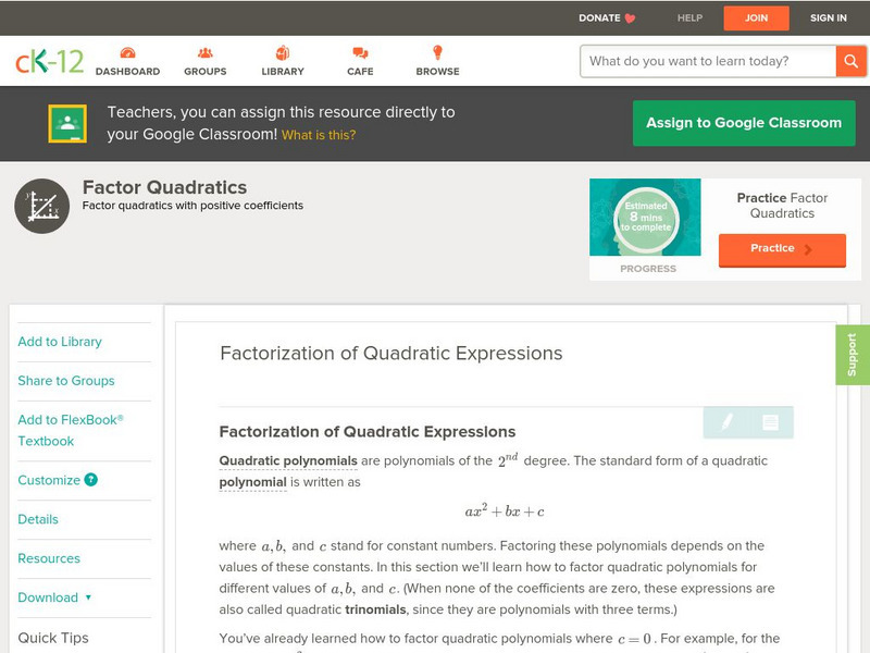 Ck 12 Algebra Factorization Of Quadratic Expressions Unit Plan For