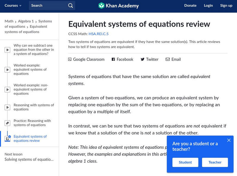 Khan Academy: Algebra I: Equivalent Systems of Equations Review Unit ... Khan Academy: Algebra I: Equivalent Systems of Equations Review Unit ...