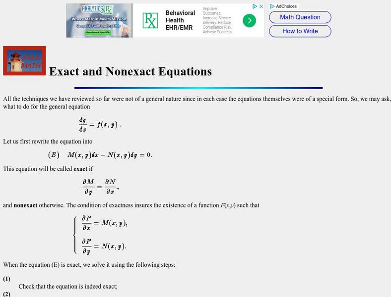 S O S Math Exact And Non Exact Equations Activity For 9th 10th