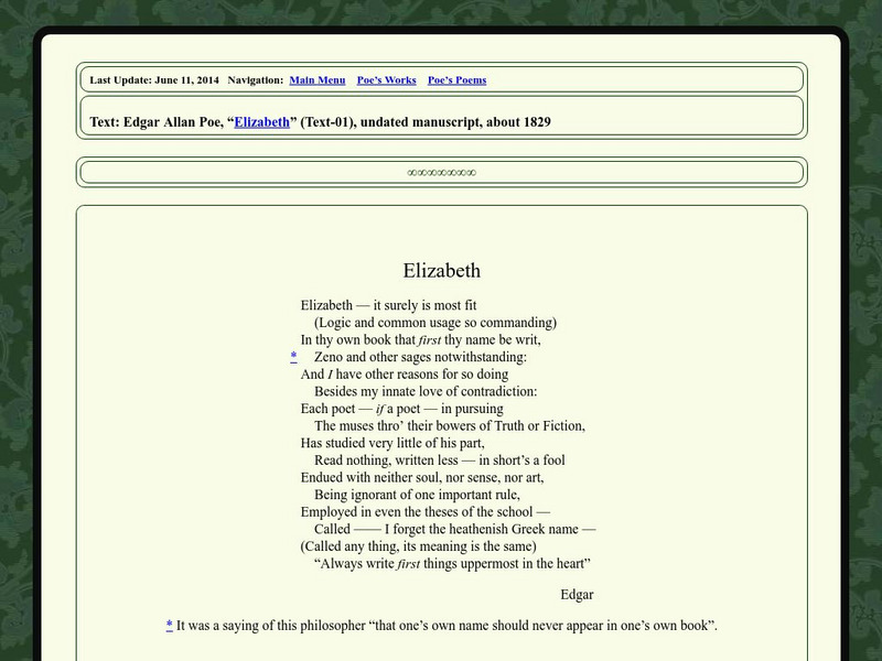 Edgar Allan Poe Society of Baltimore: Poe's Poems: Elizabeth Primary ... Edgar Allan Poe Society of Baltimore: Poe's Poems: Elizabeth Primary ...