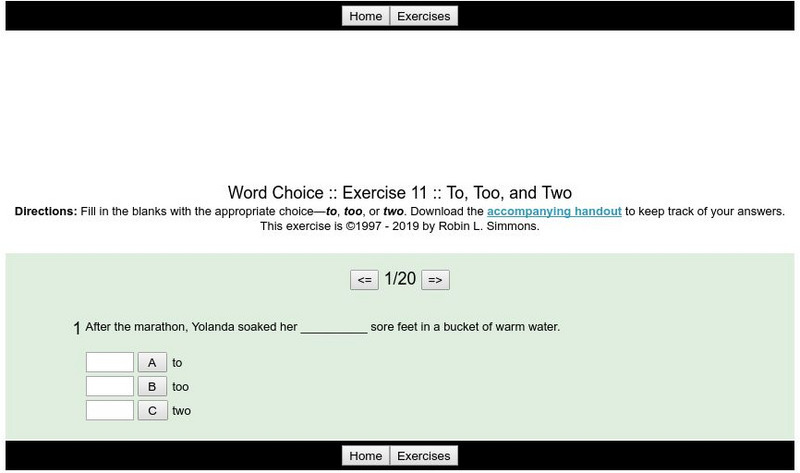 Grammar Bytes: Word Choice: Exercise 11: To, Too, and Two Unknown Type ... Grammar Bytes: Word Choice: Exercise 11: To, Too, and Two Unknown Type ...