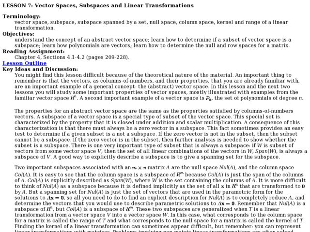 Lesson 7 Vector Spaces Subspaces And Linear Transformations Lesson Plan For 11th Grade