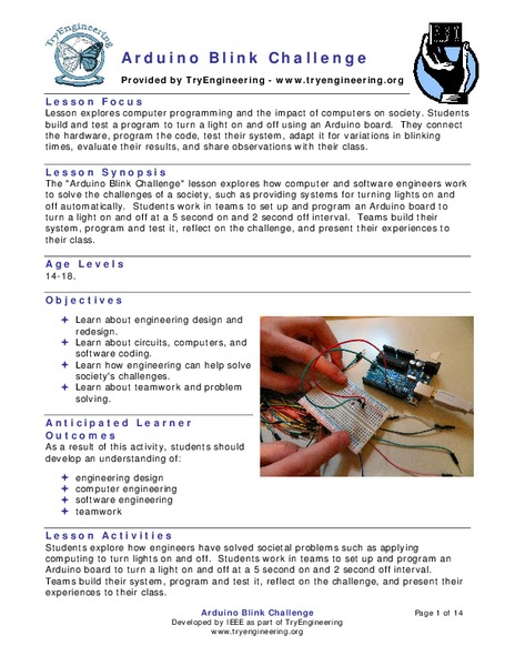 Arduino Blink Challenge Lesson Plan For 6th 12th Grade Lesson Planet 