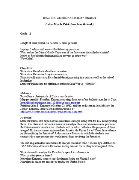 Cuban Missile Crisis Lesson Plan for 11th Grade | Lesson Planet