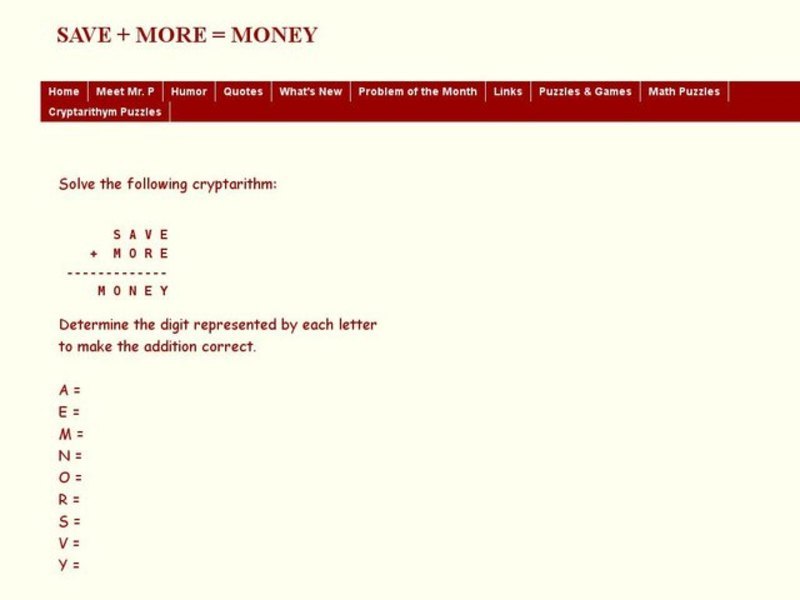 Determine The Digit Represented By Each Letter Worksheet For 7th 11th Grade Lesson Planet 