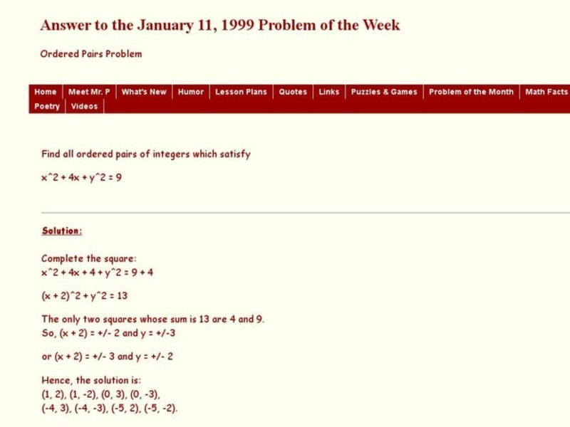 Ordered Pairs Problem Worksheet For 9th 11th Grade Lesson Planet