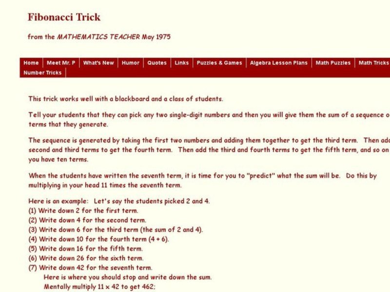 Fibonacci Trick Worksheet For 9th Higher Ed Lesson Planet 