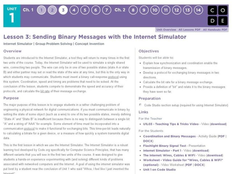 Sending Binary Messages with the Internet Simulator Lesson Plan for 9th - 12th Grade | Lesson Planet