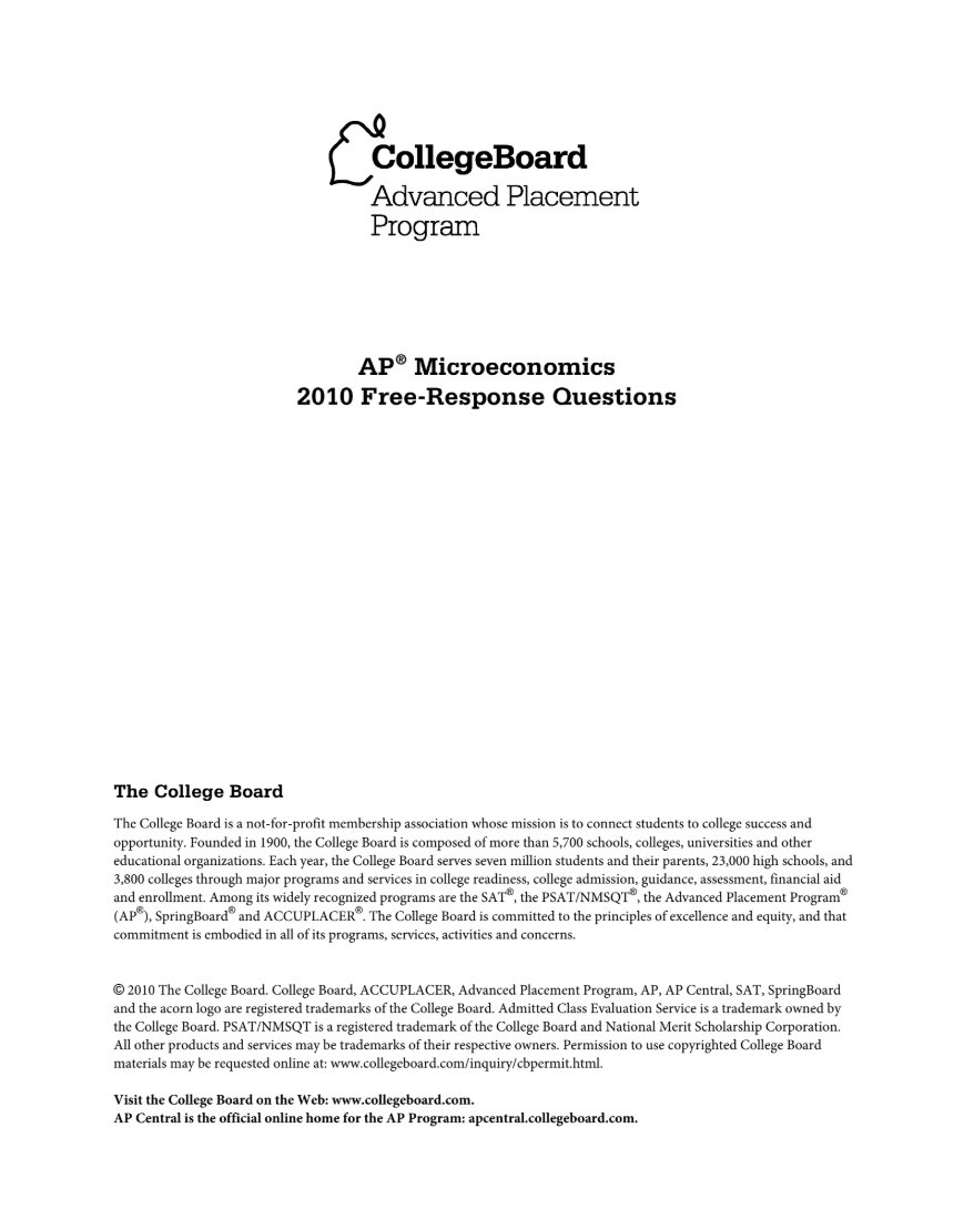 2010 AP® Microeconomics Free-Response Questions AP Test Prep for 10th ... 2010 AP® Microeconomics Free-Response Questions AP Test Prep for 10th ...
