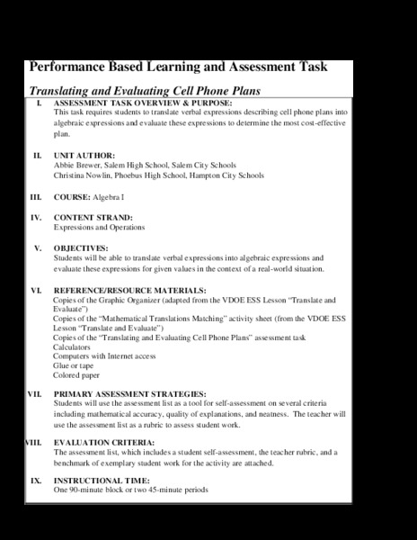 Translating and Evaluating Cell Phone Plans Performance for 9th - 12th ... Translating and Evaluating Cell Phone Plans Performance for 9th - 12th ...