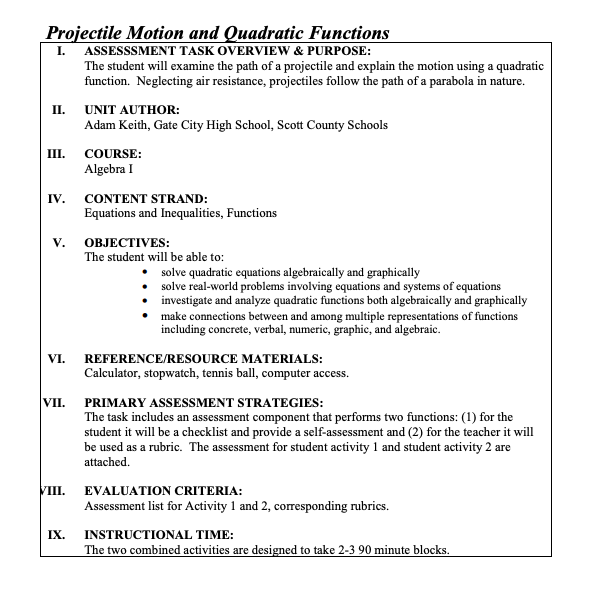 Projectile Motion And Quadratic Functions Performance For 9th 12th