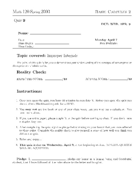 Improper Integrals Worksheet for 11th - Higher Ed | Lesson Planet Improper Integrals Worksheet for 11th - Higher Ed | Lesson Planet
