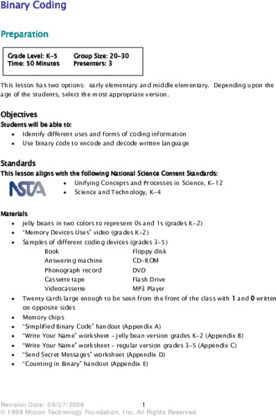 Binary Coding Lesson Plan For Kindergarten 5th Grade Lesson Planet