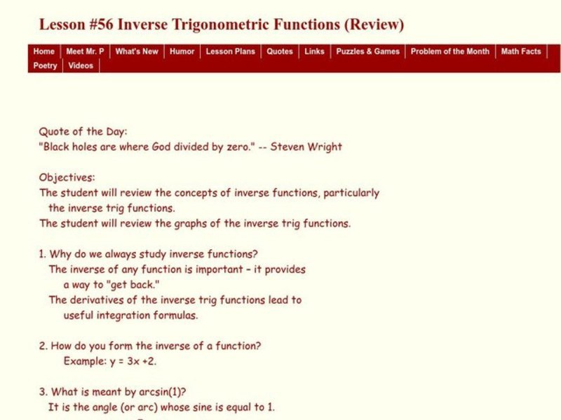 Inverse Trigonometric Functions Review Lesson Plan For 11th Higher Ed Lesson Planet