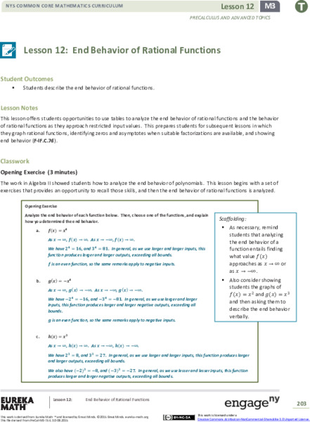 End Behavior Of Rational Functions Lesson Plan For 11th 12th Grade