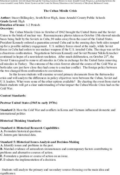 The Cuban Missile Crisis Lesson Plan for 9th - 12th Grade | Lesson Planet