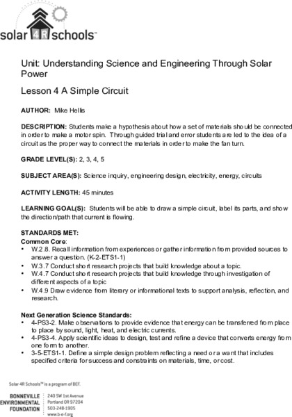 A Simple Circuit Lesson Plan For 2nd 5th Grade Lesson Planet