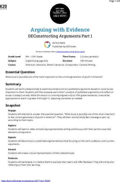 Arguing With Evidence: Deconstructing Arguments Part 1 Lesson Plan for ... Arguing With Evidence: Deconstructing Arguments Part 1 Lesson Plan for ...