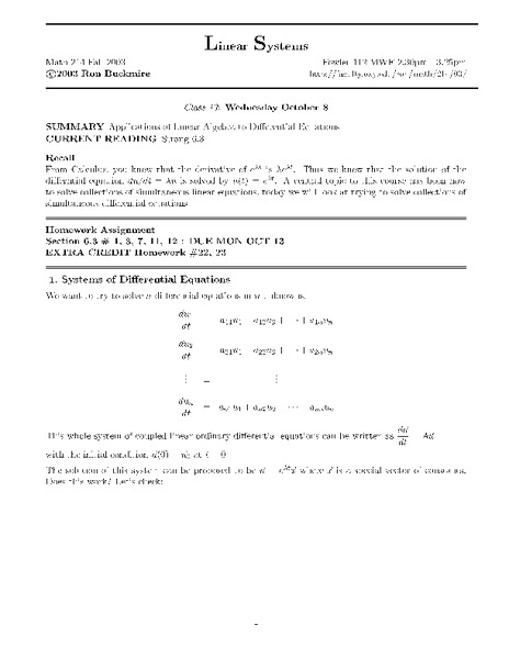 Linear Systems Differential Equations Worksheet For Higher Ed Lesson Planet