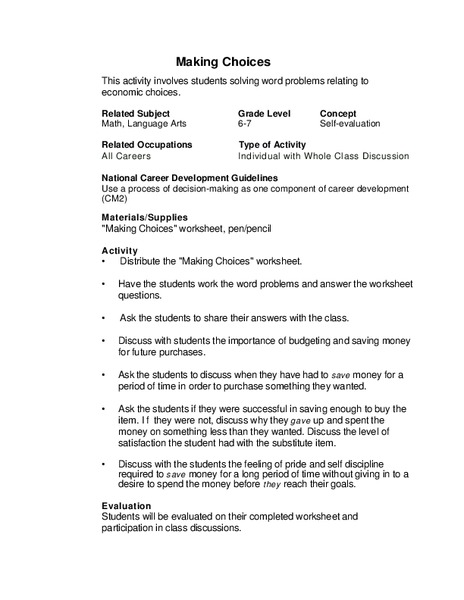 Making Choices Lesson Plan for 7th - 8th Grade | Lesson Planet