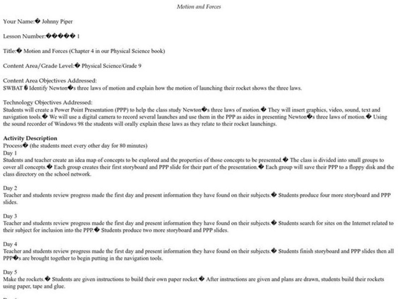 Motion and Forces Lesson Plan for 9th Grade | Lesson Planet Motion and Forces Lesson Plan for 9th Grade | Lesson Planet