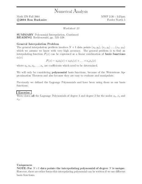 Numerical Analysis Polynomial Interpolation Worksheet For Higher Ed Lesson Planet 3253