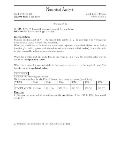 Numerical Analysis Polynomial Interpolation Worksheet For Higher Ed Lesson Planet