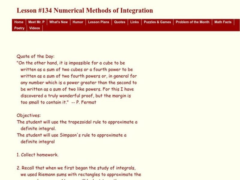 Numerical Methods Of Integration Lesson Plan For 10th 12th Grade