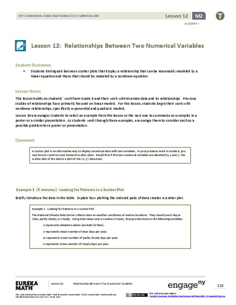 Relationships Between Two Numerical Variables Lesson Plan For 9th