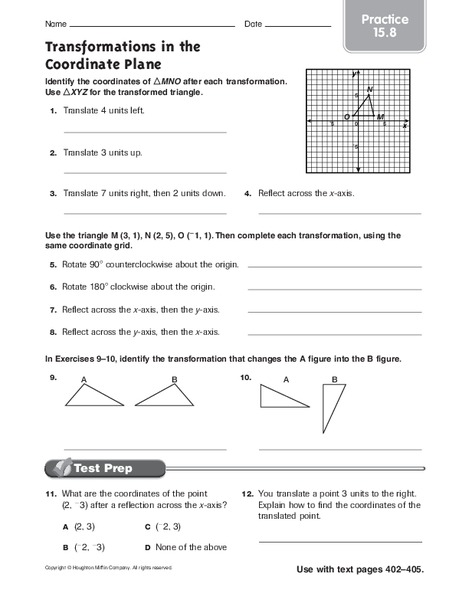 Transformations In The Coordinate Plane Practice Worksheet For 6th