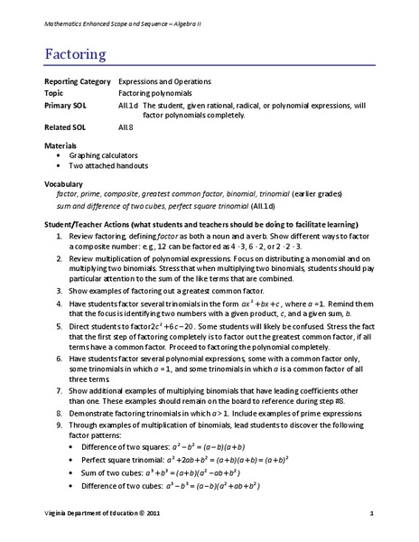Factoring Lesson Plan For 9th 12th Grade Lesson Planet